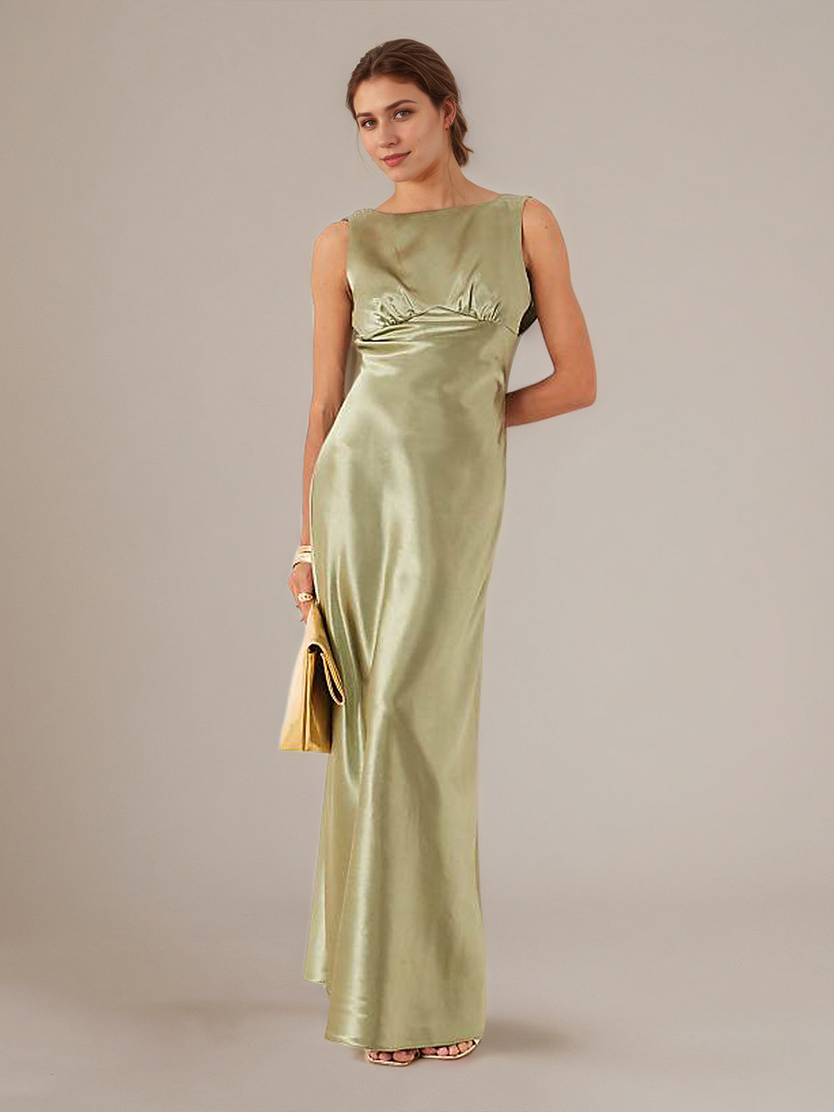 Dreamylily Women Olive Green Sheath/Column Satin Boat Neck Sleeveless ...