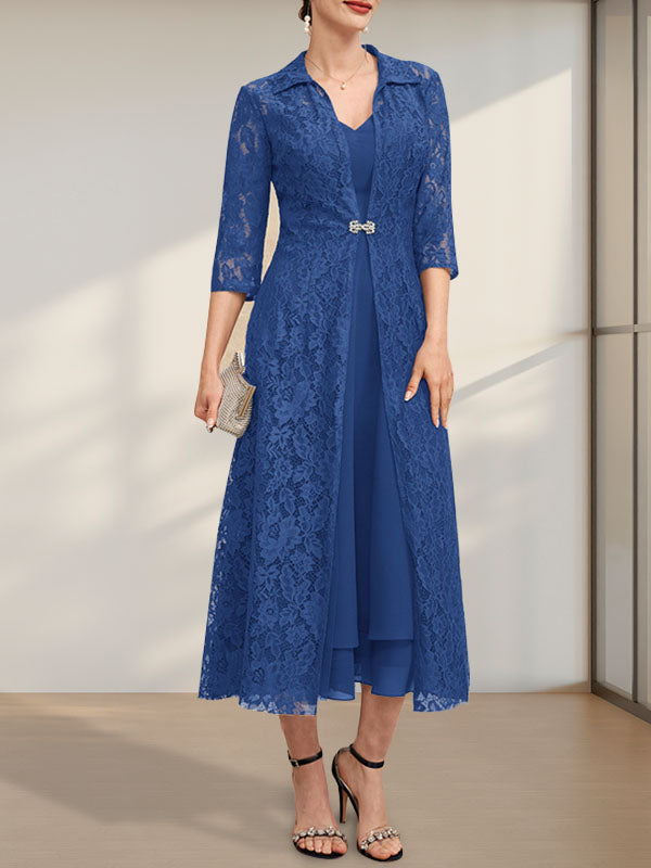 Dreamylily A-line V-Neck Tea-Length Chiffon Mother of the Bride Dress