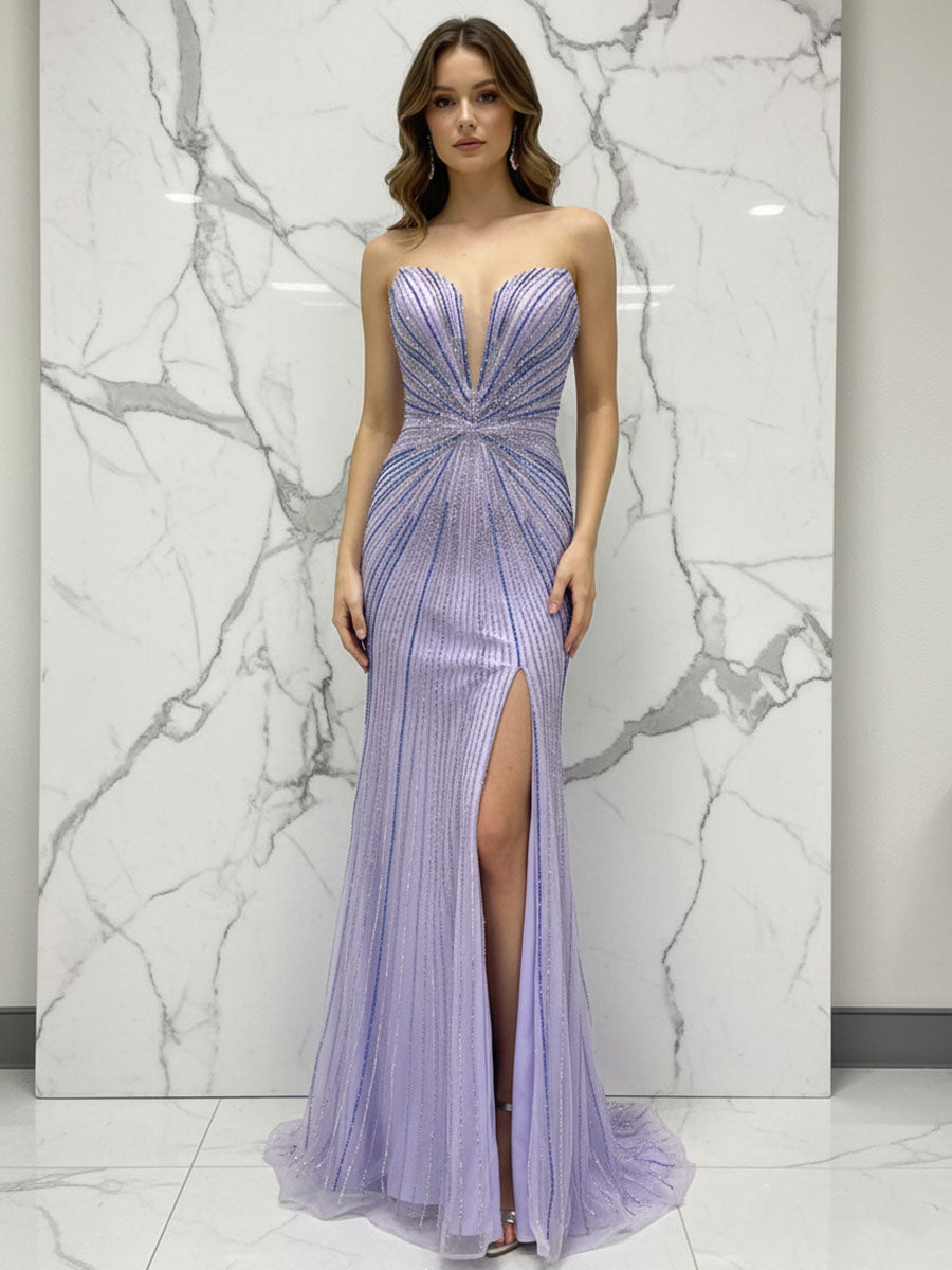 Dreamylily Prom Dress Glamorous Lilac Linear Beaded Long Evening Gown with Slit