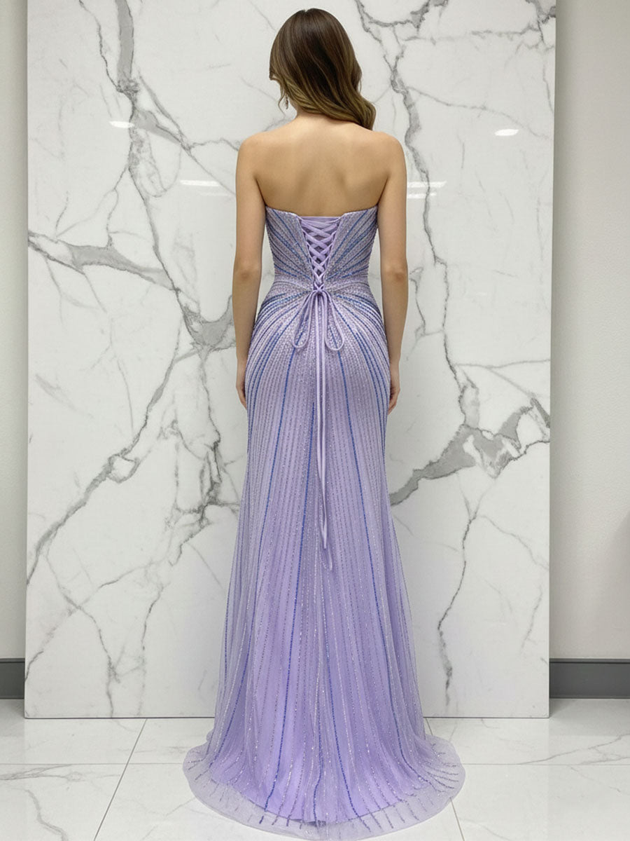 Dreamylily Prom Dress Glamorous Lilac Linear Beaded Long Evening Gown with Slit