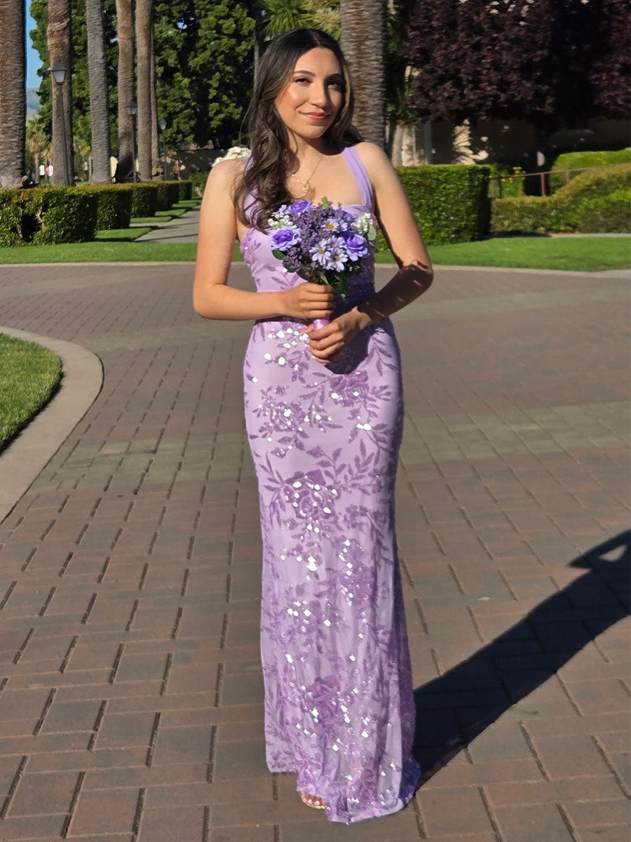 Dreamylily Prom Dress Lavender Square Neckline Floral Sequin Column ...