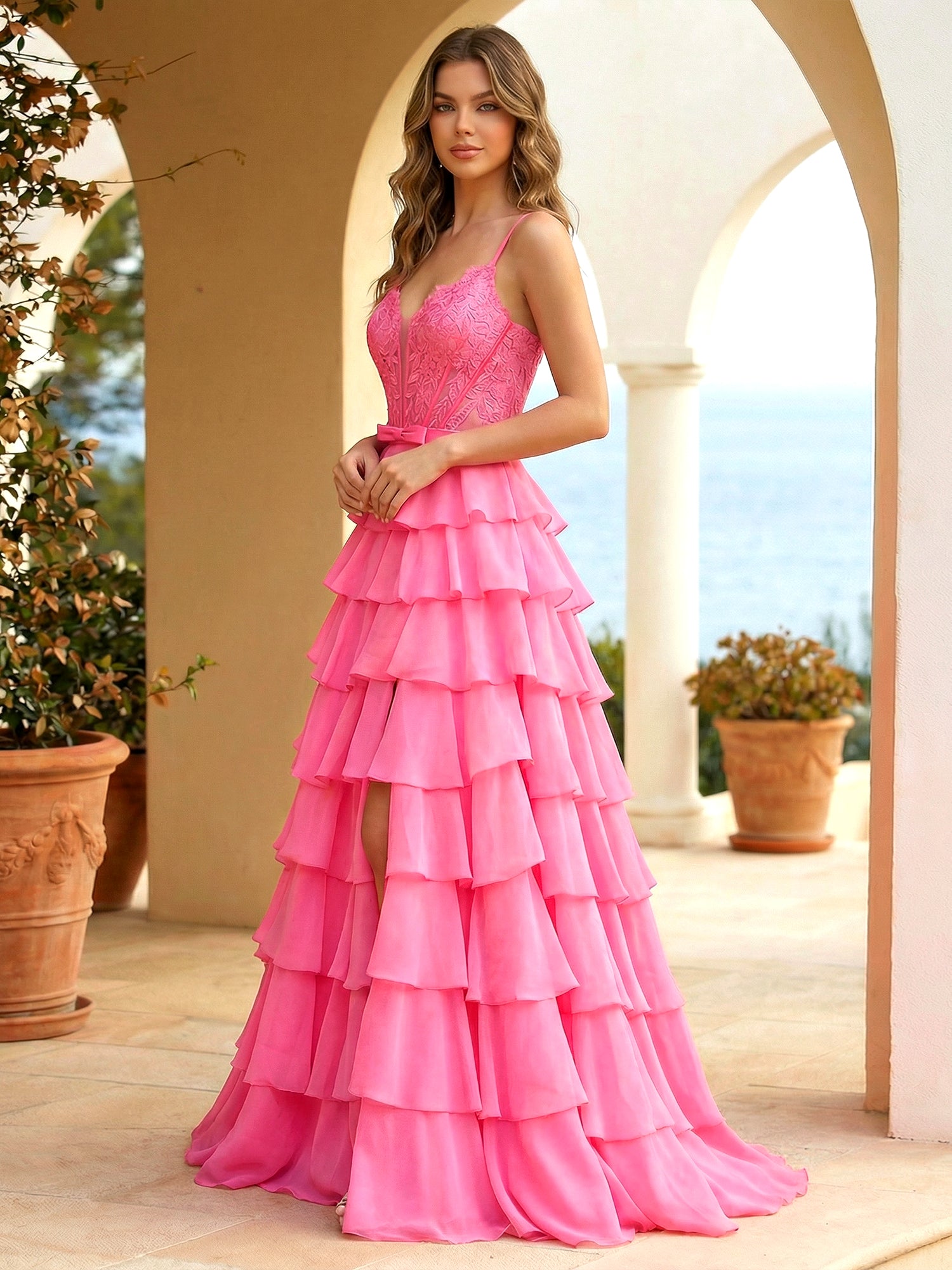 Dreamylily Prom Dress Pink Lace Corset Tiered Ruffle Long Evening Gown ...