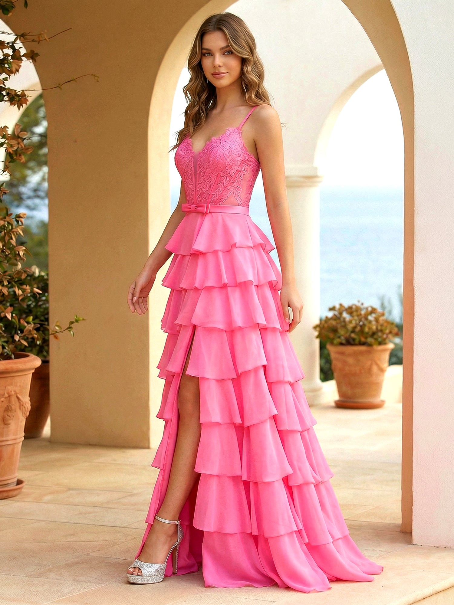 Dreamylily Prom Dress Pink Lace Corset Tiered Ruffle Long Evening Gown ...